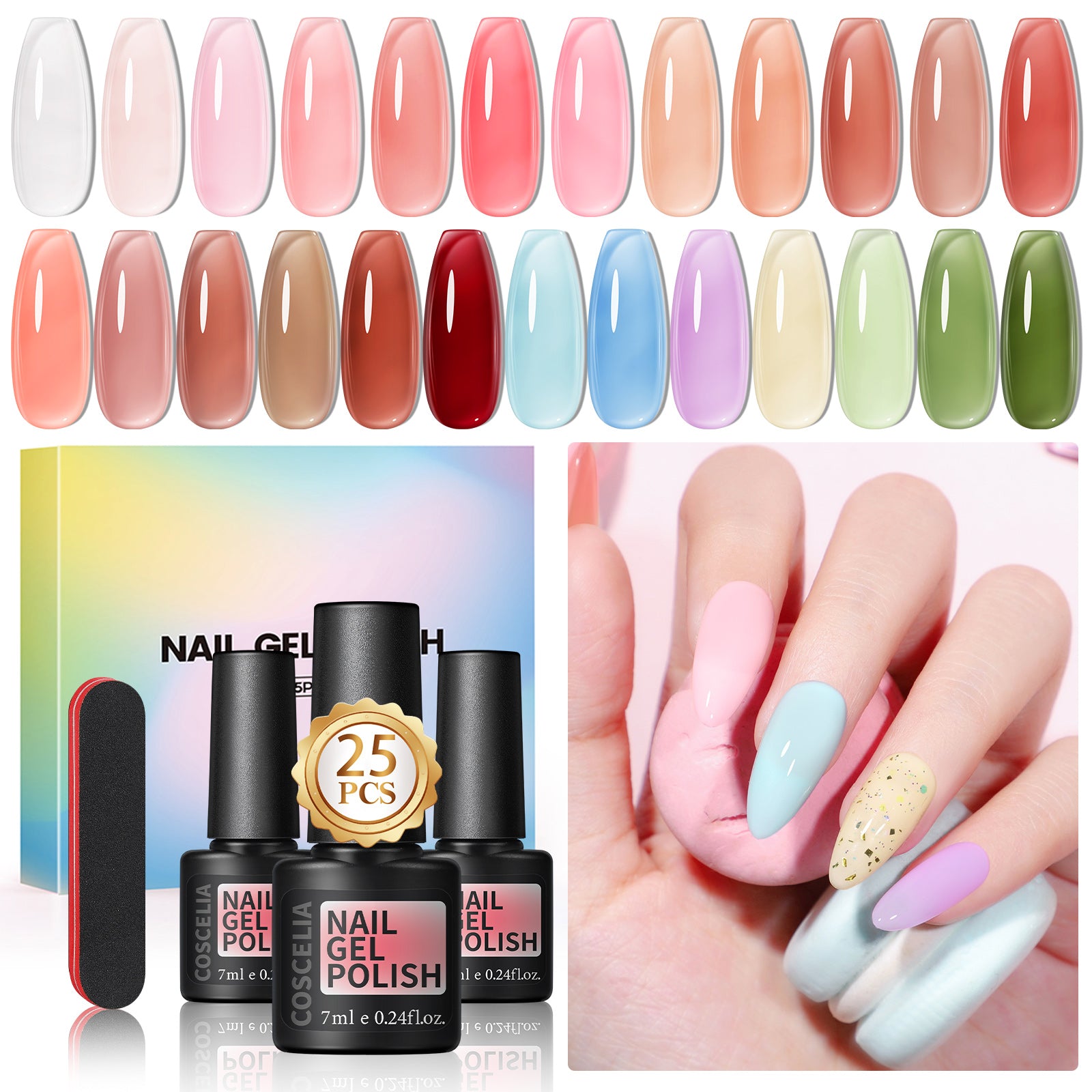 COSCELIA Jelly Gel Nail Polish Set 25 Colors Translucent Gel Polish Se ...